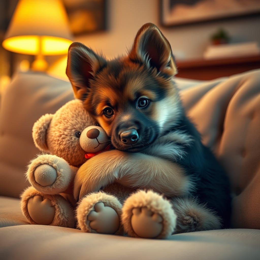A German Shepherd puppy cuddling up to its fluffy teddy bear
