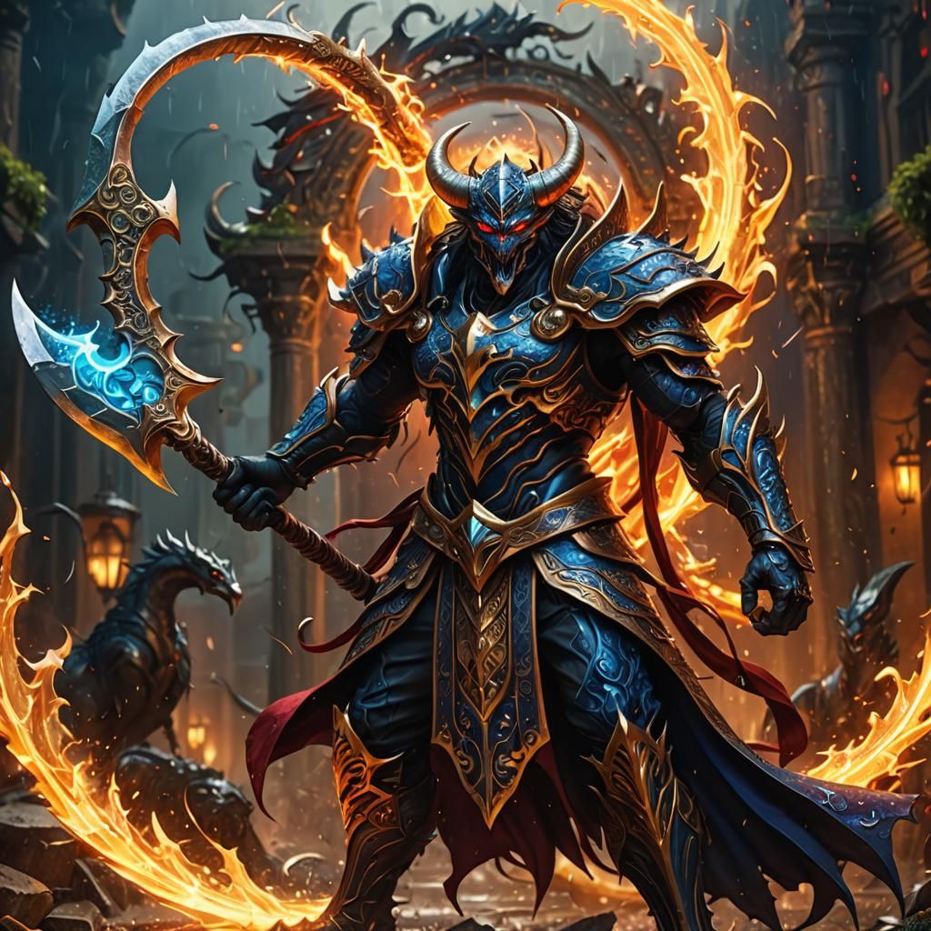 A fearsome and powerful demon with a splashed scythe(long handle and ...