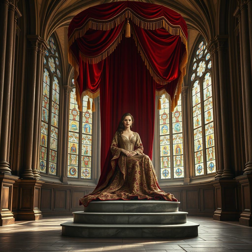 Serenely Adorned Woman in Lavish Cathedral Setting - AI Art