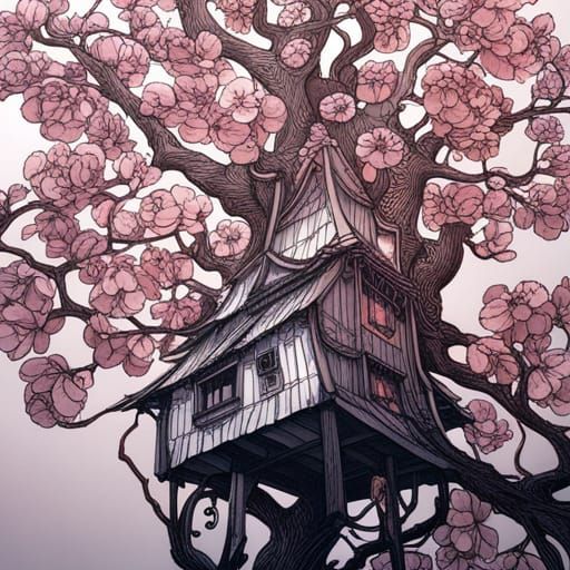 Cherry blossom tree treehouse - AI Generated Artwork - NightCafe Creator
