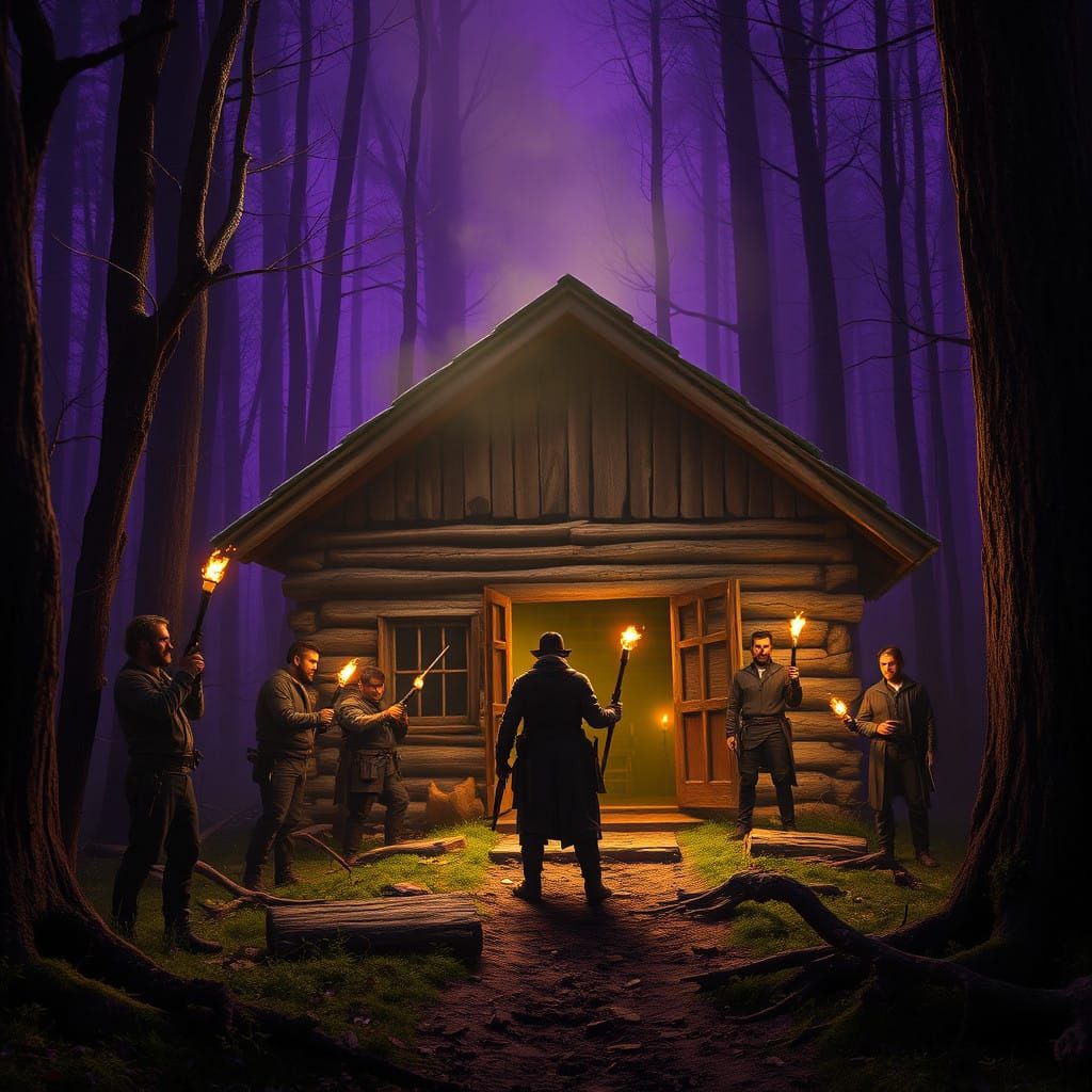 Mysterious Men Confront Dark Cabin in Foreboding F... - AI Art