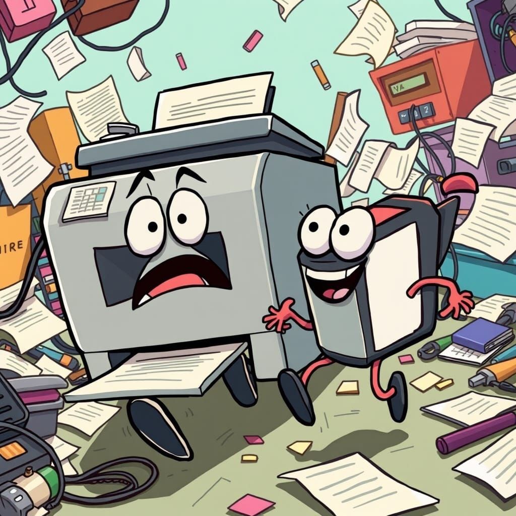 Ink cartridge running from a printer, both are characters!