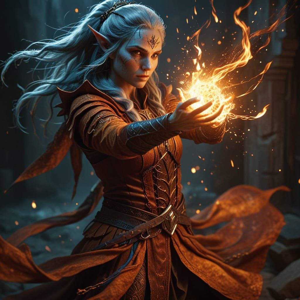 Ethereal Elf Sorcerer Unleashes Fiery Magic in Dar... - AI Art