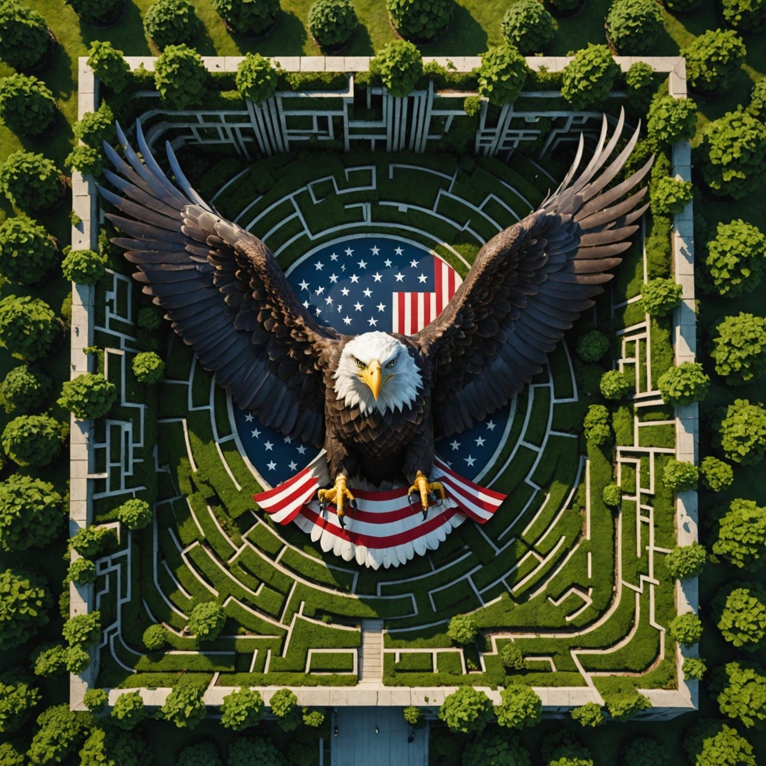 A birds eye view of a hedge maze in the shape of a massive bald eagle ...