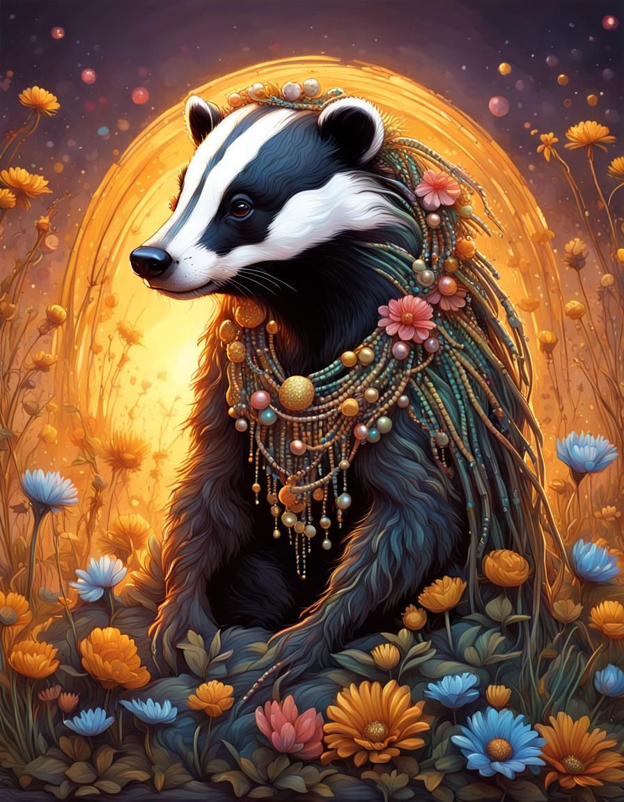 badger with dreads'n beads, sitting on the bank art Nouveau golden hour ...