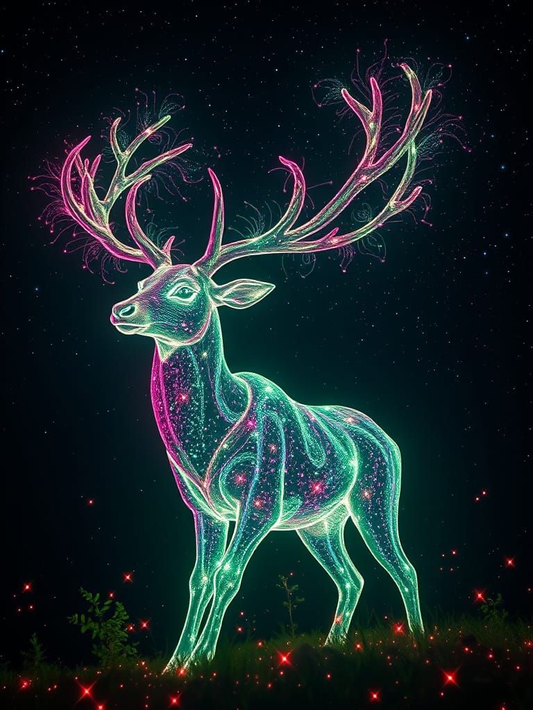 Ethereal Deer Radiates Vibrant Lights in Celestial... - AI Art
