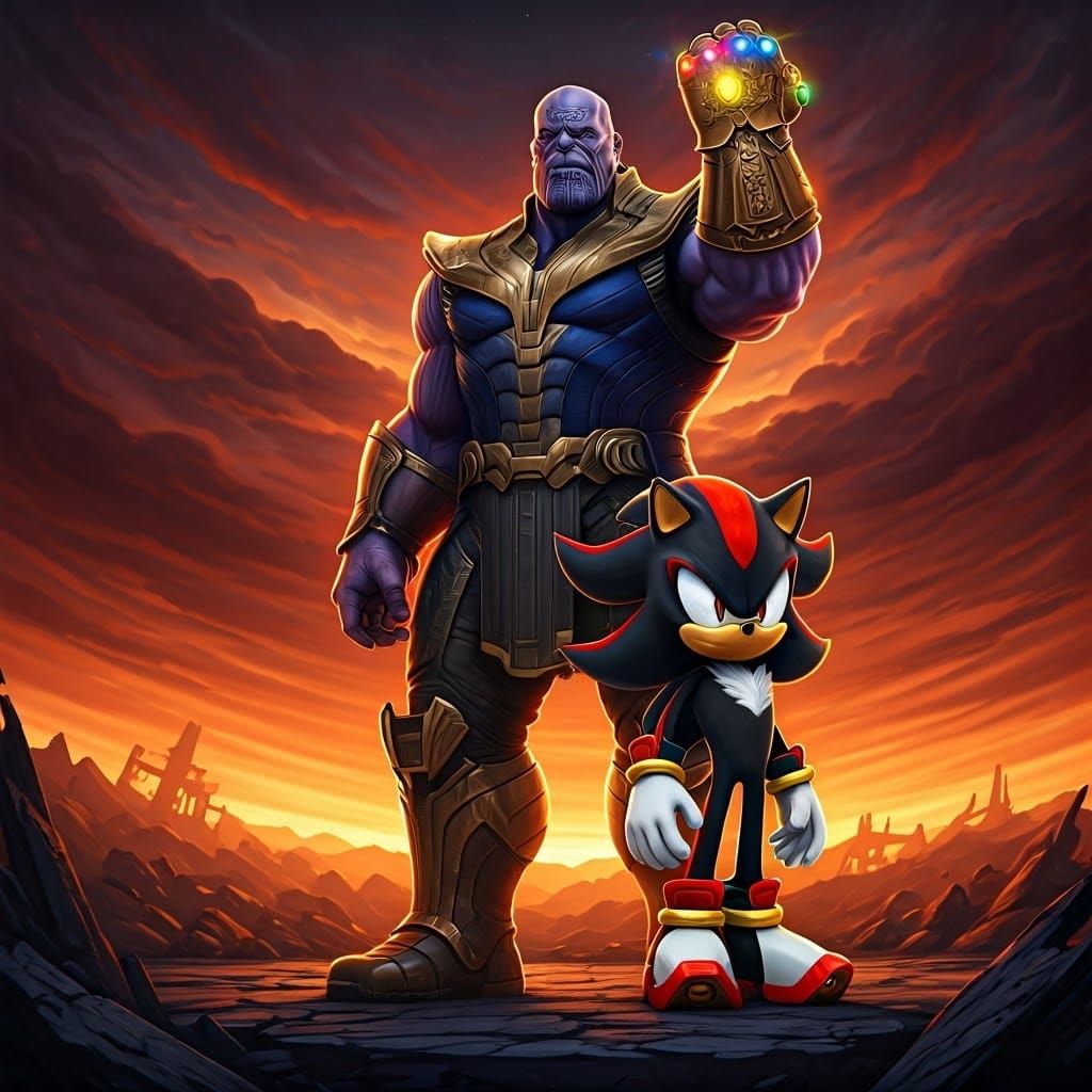 Thanos with all six infinity stones and shadow the hedgehog