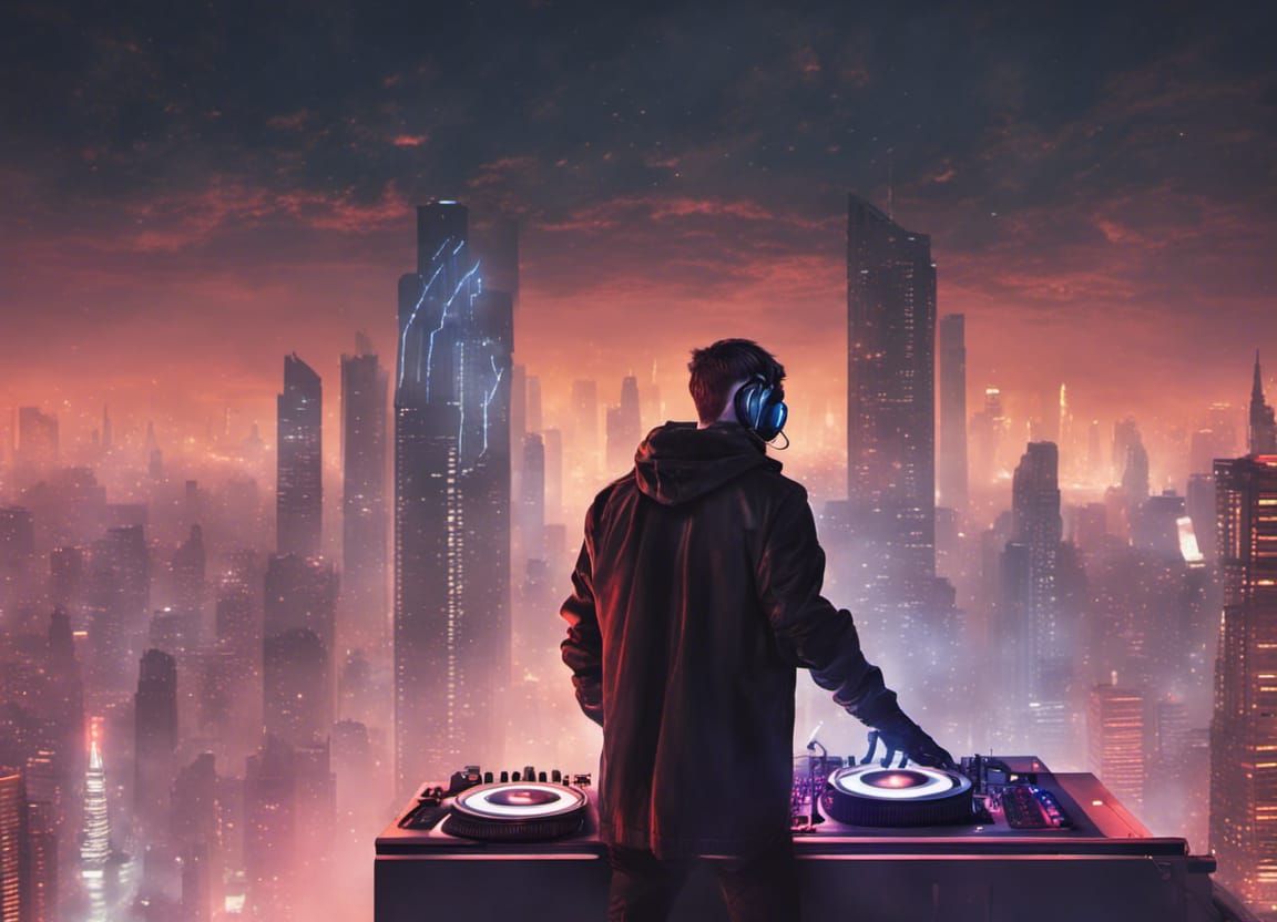 Blade Runner style Cyberpunk dj performing on a skyscraper rooftop ...