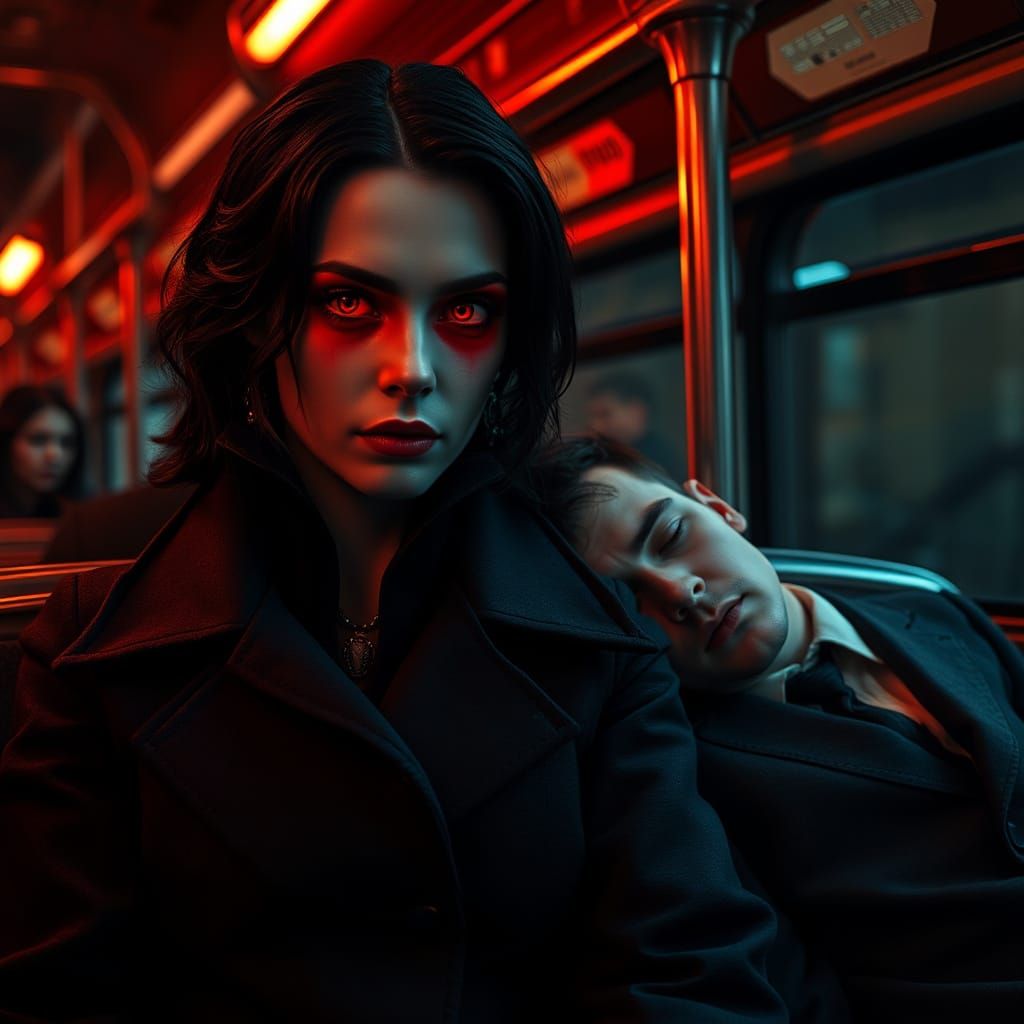 vampire on the bus - Elegant Vampire on Dimly Lit Bus at Nig...