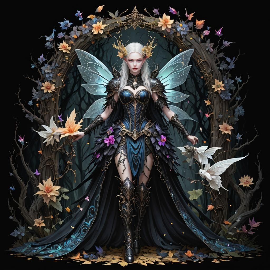 (macabre dark fantasy art of a fairy warrior with pale skin, dark make up and broken fairy wings ...