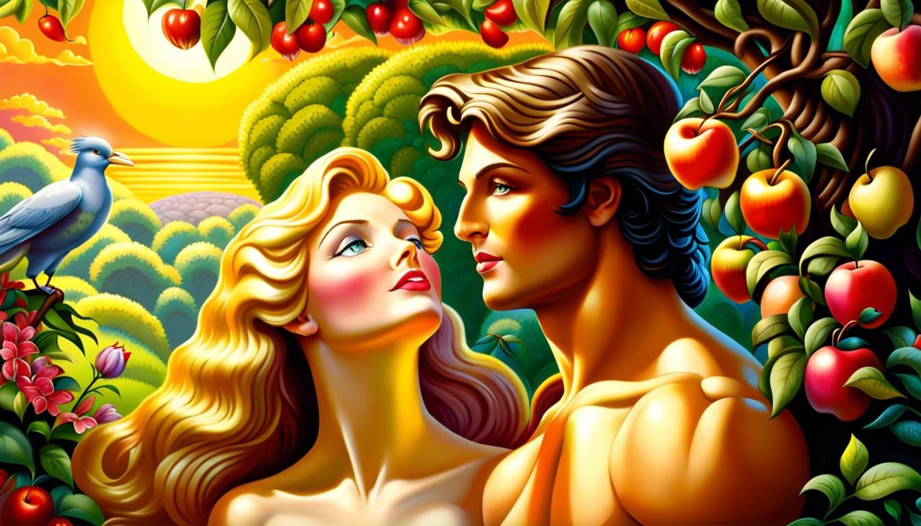 Adam and Eve debate whether the fruit is worth the risk in the Garden of Eden (part of a set ...