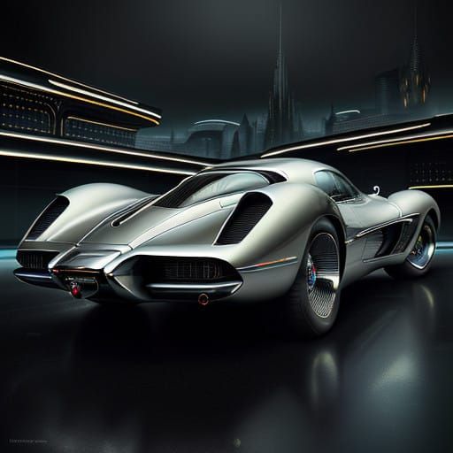 A chrome, sleek, retro-futuristic car, reminiscent of 1930s design ...