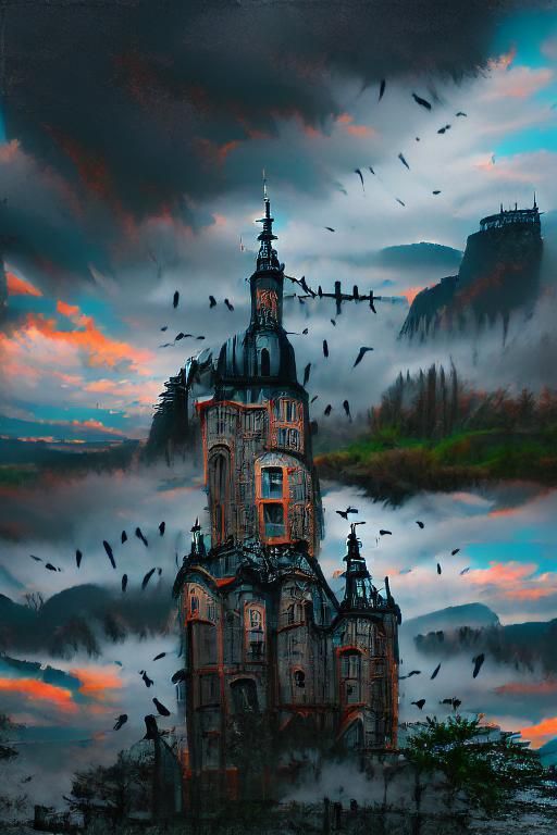 Possessed Gothic Castle surrounded by a murder of crows - AI Generated ...