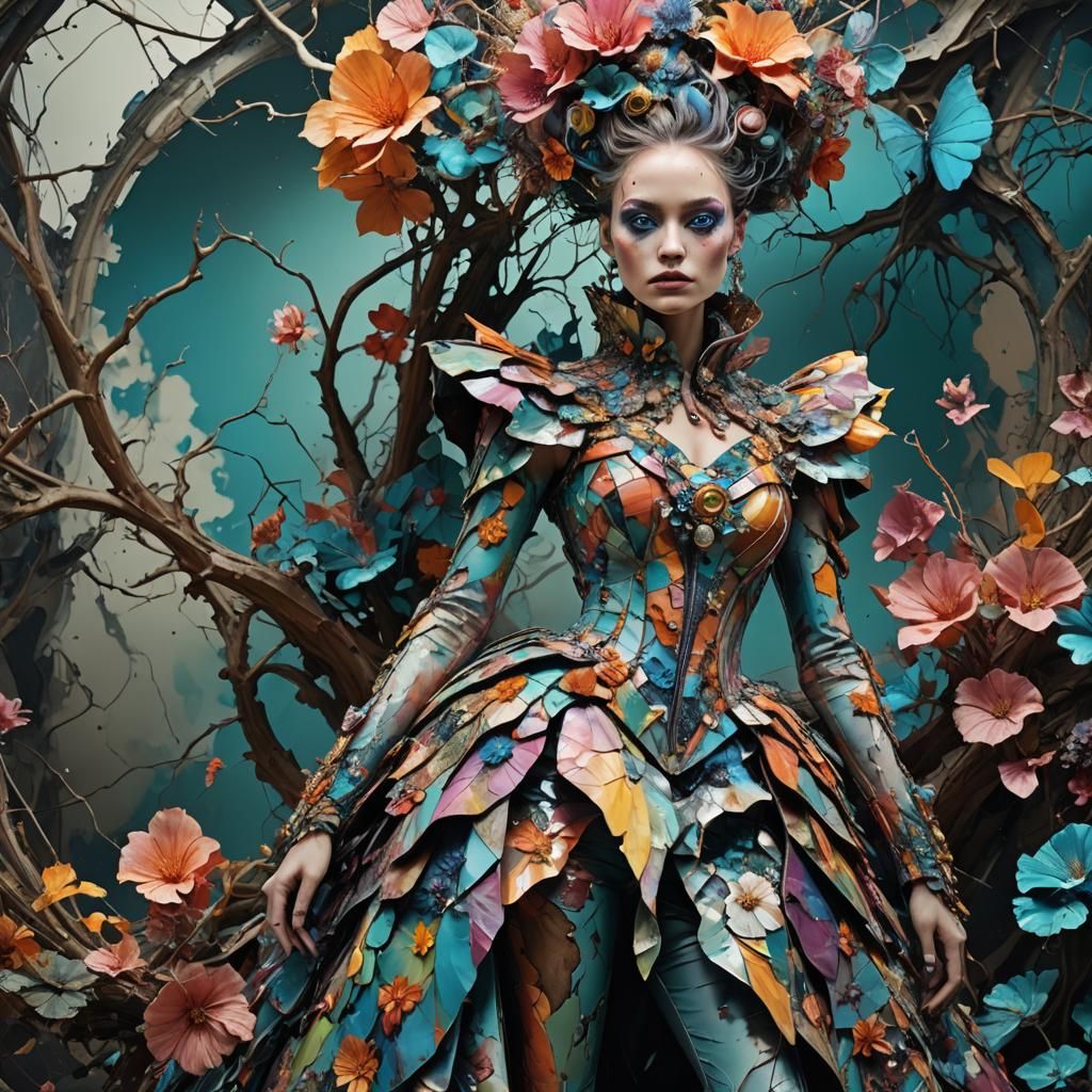 High fashion model wearing large Licuala grandis, cracked paint ...