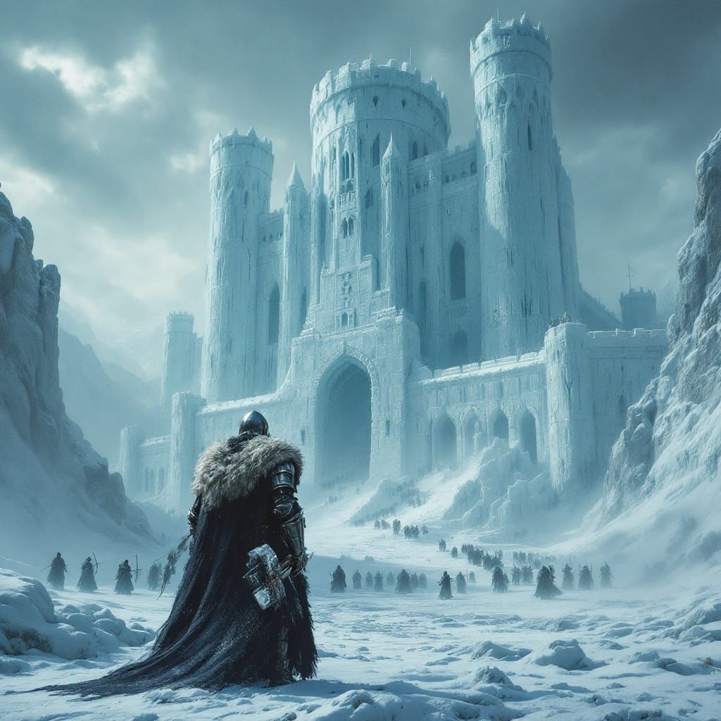 knight in front of a colossal ice fortress III