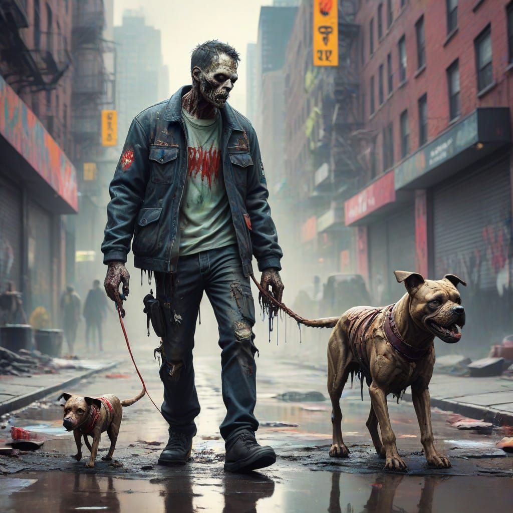 Zombie Duo Strolls Through Vibrant New York Street... - AI Art