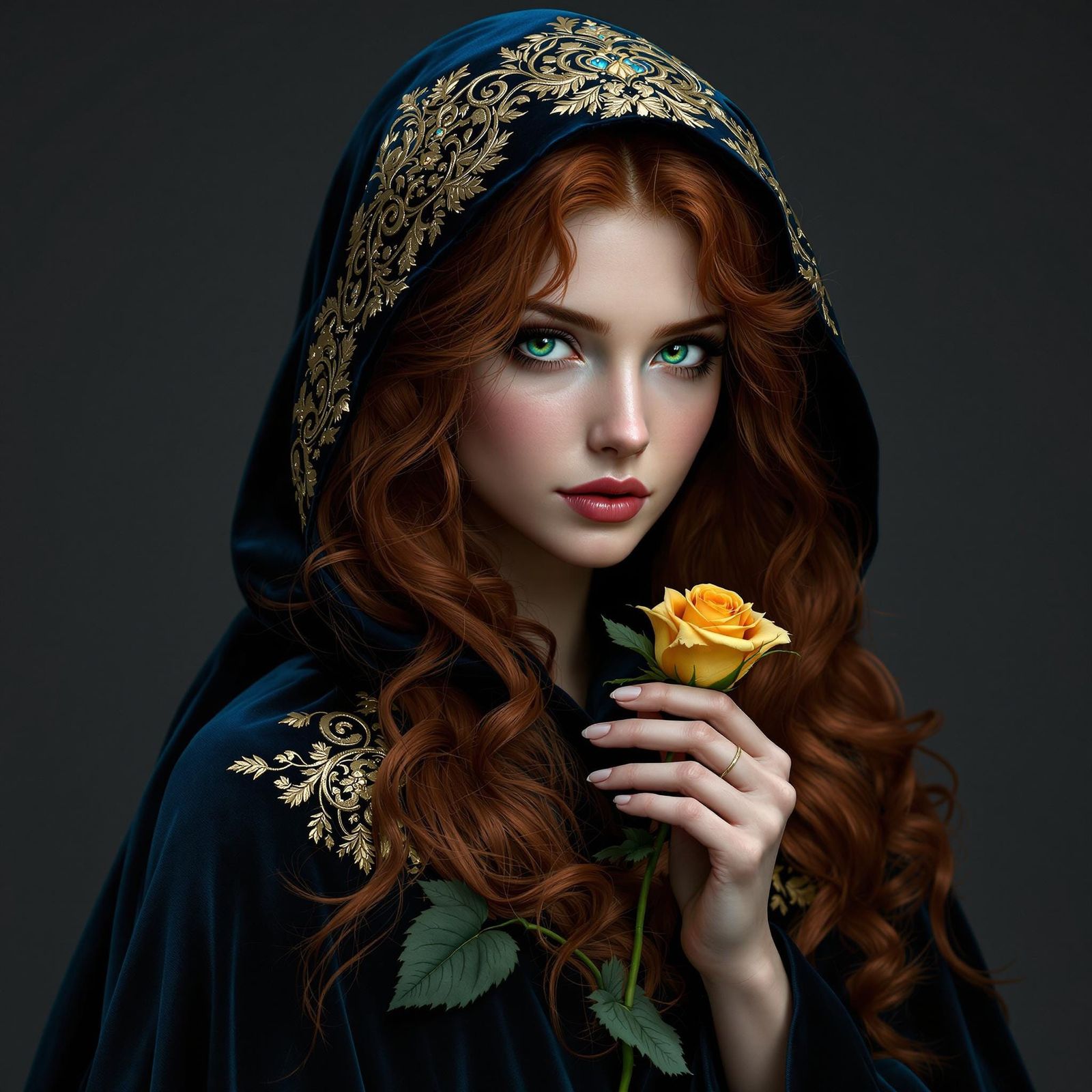 Ethereal Red-Haired Woman in Midnight Blue Velvet - AI Art