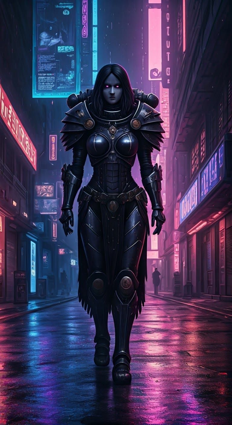 Imagine a cyberpunk city where humanoid raven-woman wearing Sisters of ...