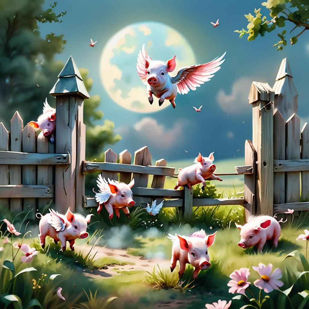 Whimsical Pink Winged Piglets Soar Over a Pastoral... - AI Art