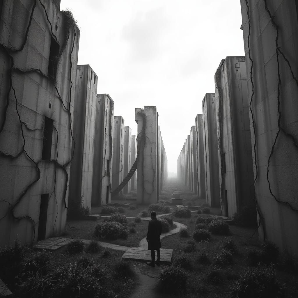 Endless Greyscale Labyrinth of Brutalist Despair - AI Art