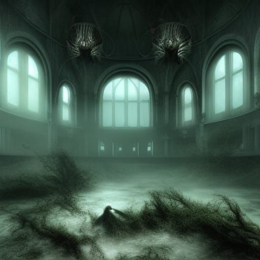 Haunted indoor swimming pool, wispy steam/fog over the water, algae ...