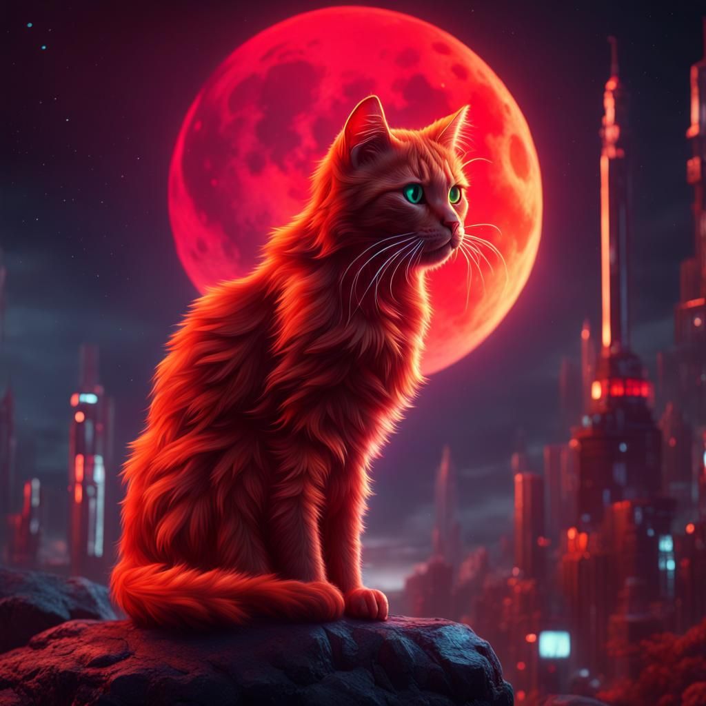 red cat with neon moon 3 - AI Generated Artwork - NightCafe Creator