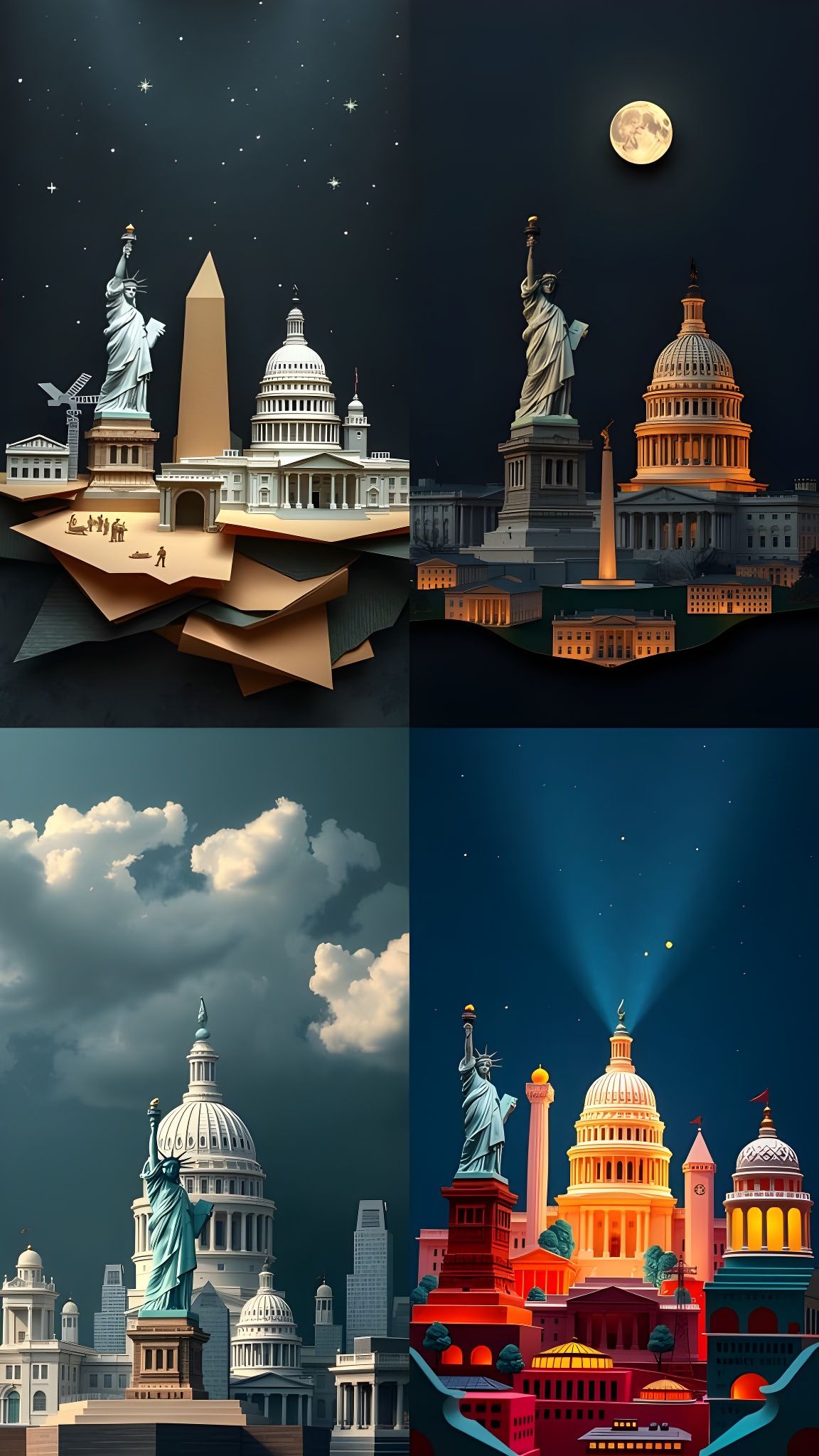 American Landmarks in Origami Papercraft Style - AI Art