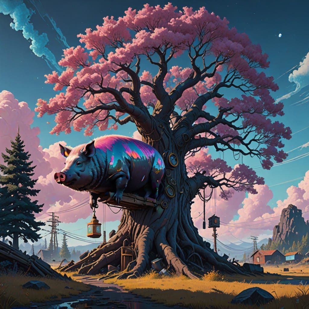 Pig tree - Majestic Pig Sits atop Ancient Tree in Vibrant, D...