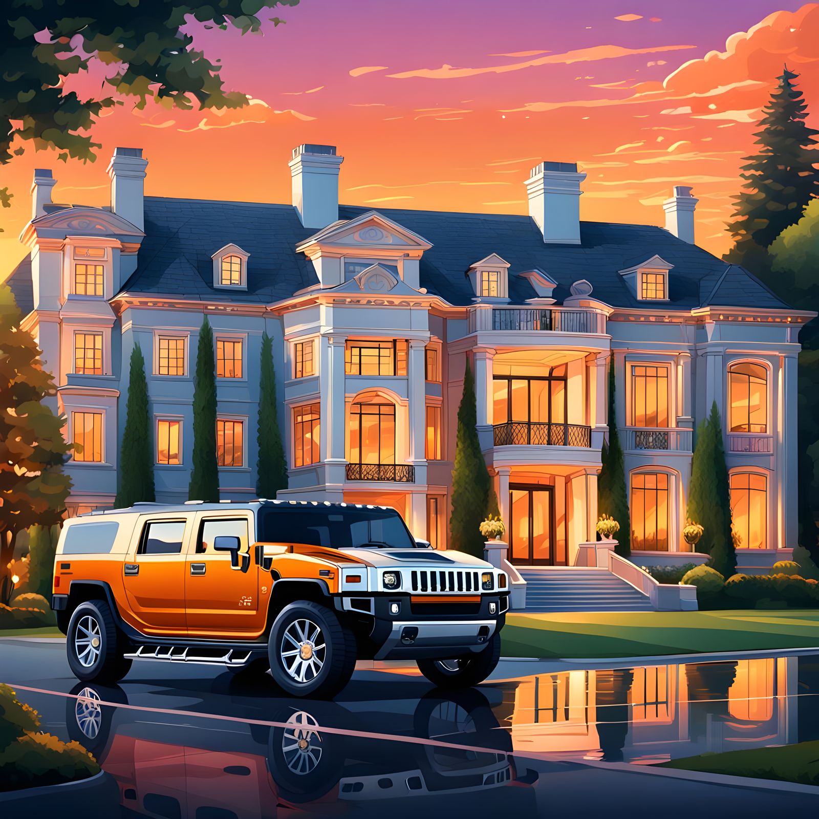 Mansion and Hummer H2 - Elegant Luxury Estate with Sleek Hum...