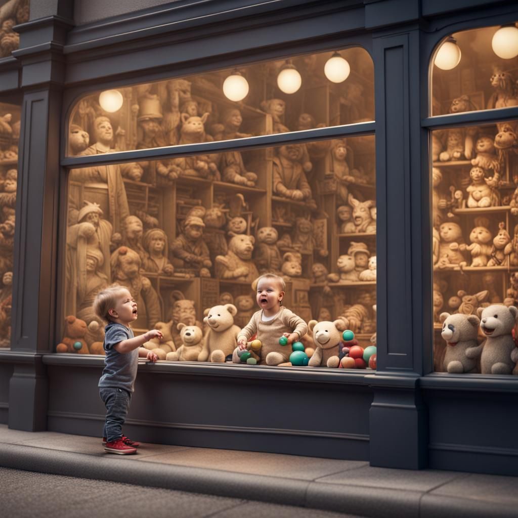 Toddler excited looking at a Toy Store Window Display - AI Generated ...