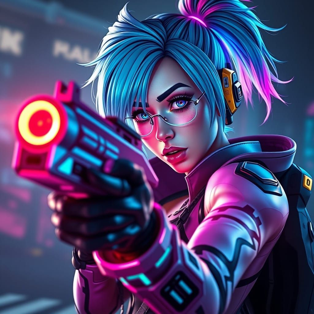 Cyberpunk Jinx: Rebellious Futurist Grasping High-... - AI Art