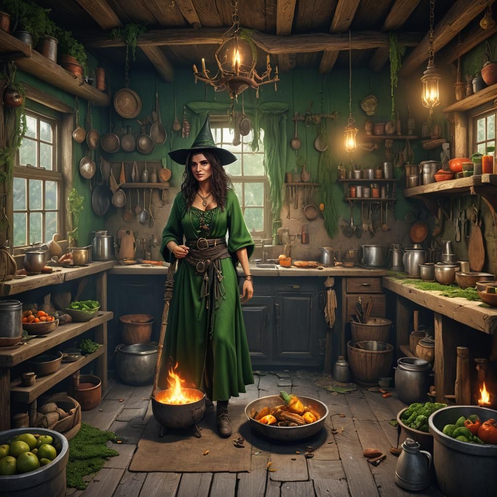 hot young gypsy witch, green witch, kitchen witch, inside shack with ...