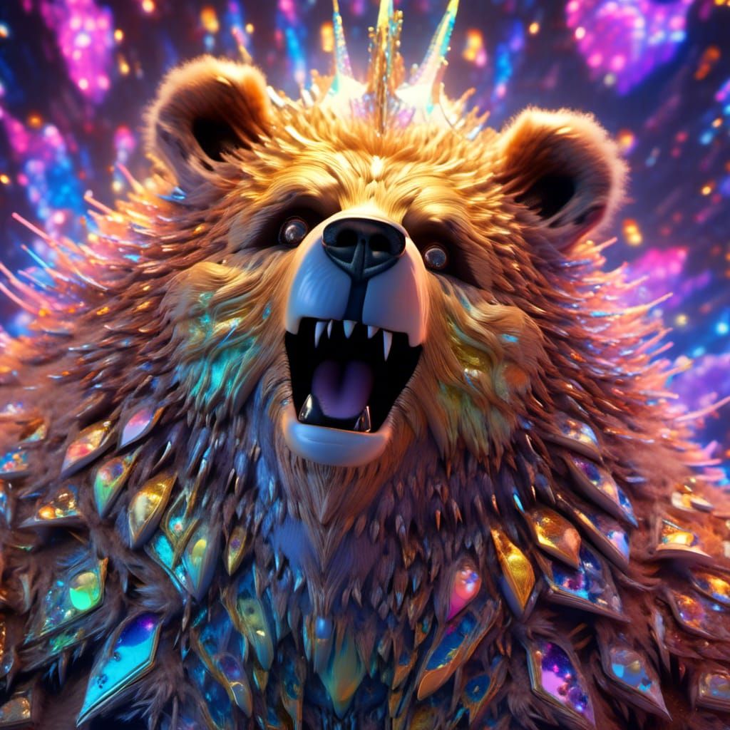 adorable Obese Bear Lycan, large sparkling eyes, intricate iridescent ...