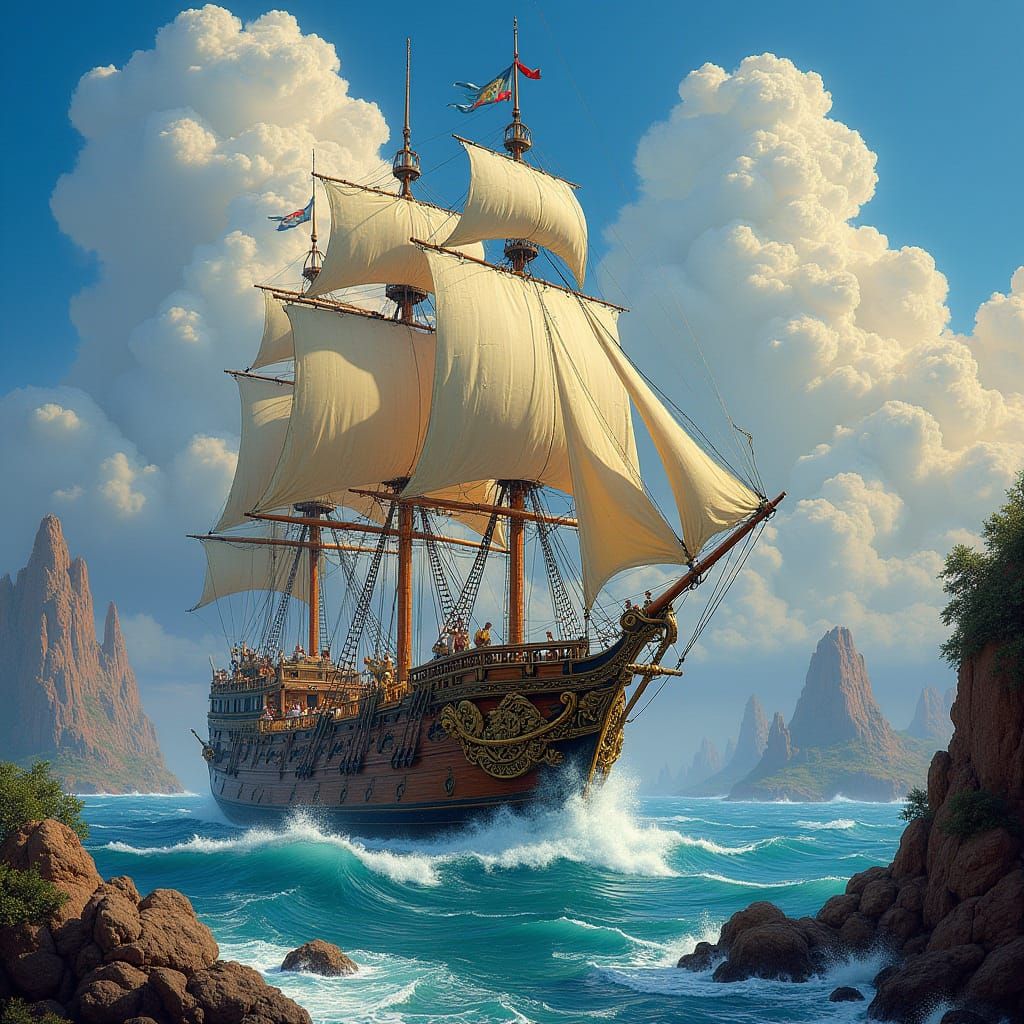 Galleon Sailing Alien Skies in a Maritime Art Styl... - AI Art
