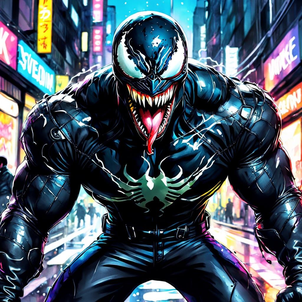 Dazzling Watercolor Closeup of Venom in Neon Tokyo - AI Art