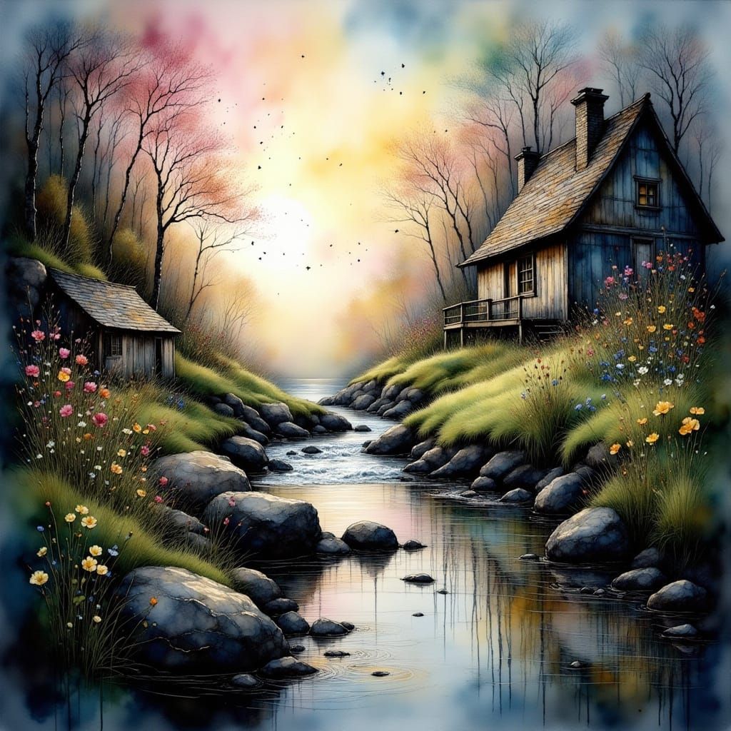 mountain stream, morning sunlight, fog