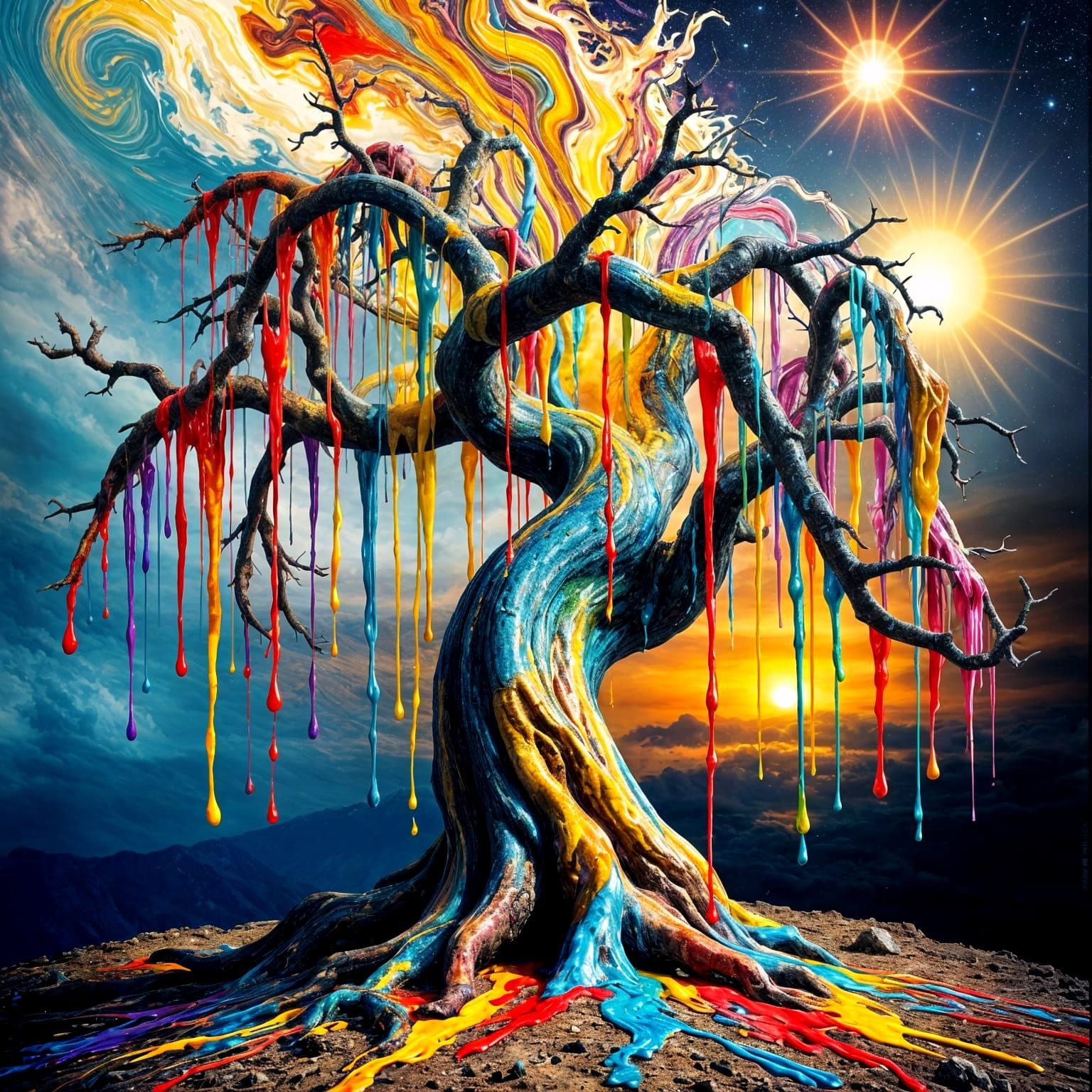 harvesting colors - Surrealism-Inspired Melting Tree in Vibr...