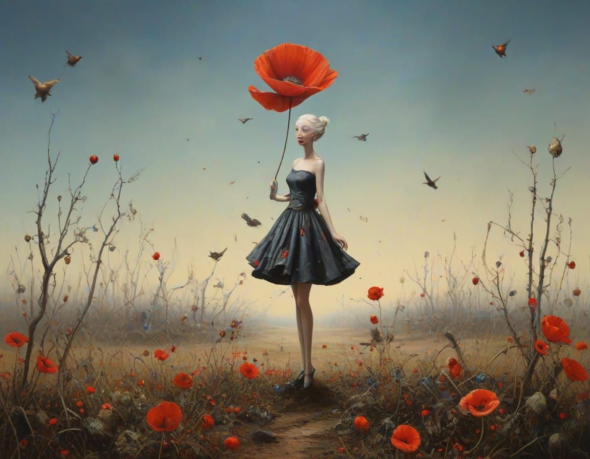 The poppy birds - Ethereal Surrealist Scene with Poppy Bird...