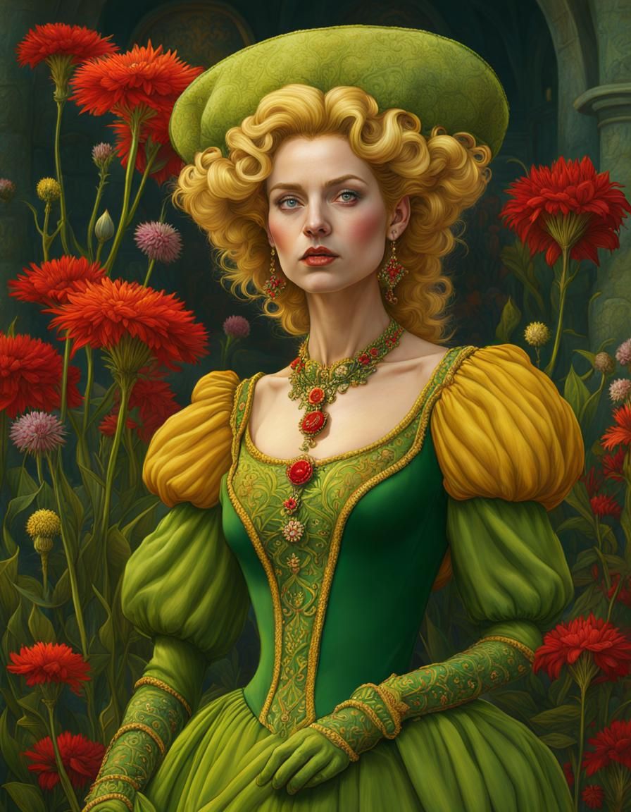 Discworld Magrat skinny frizzy blonde green dress wildflowers with ...