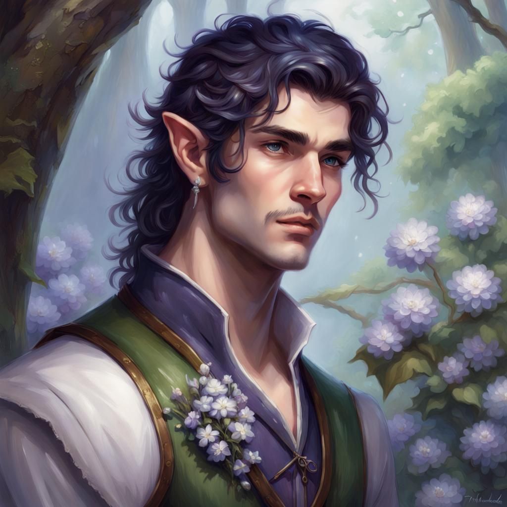 DnD character, male young wood elf bard, dark violet hair, small white ...
