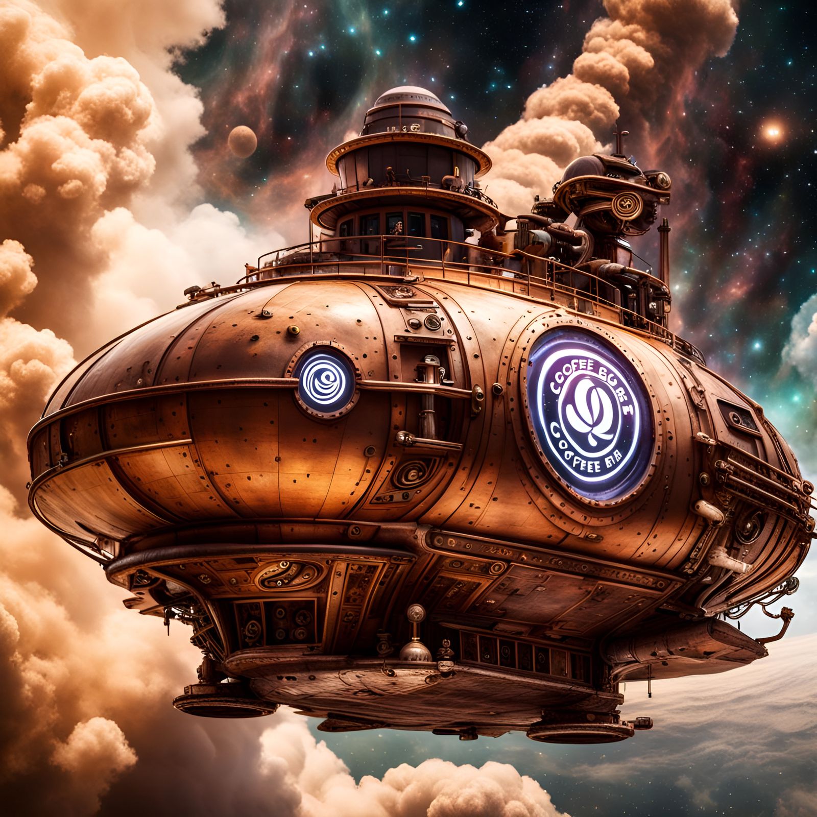 The Coffee Bean branded steampunk spaceship in a gas cloud nebula - AI ...