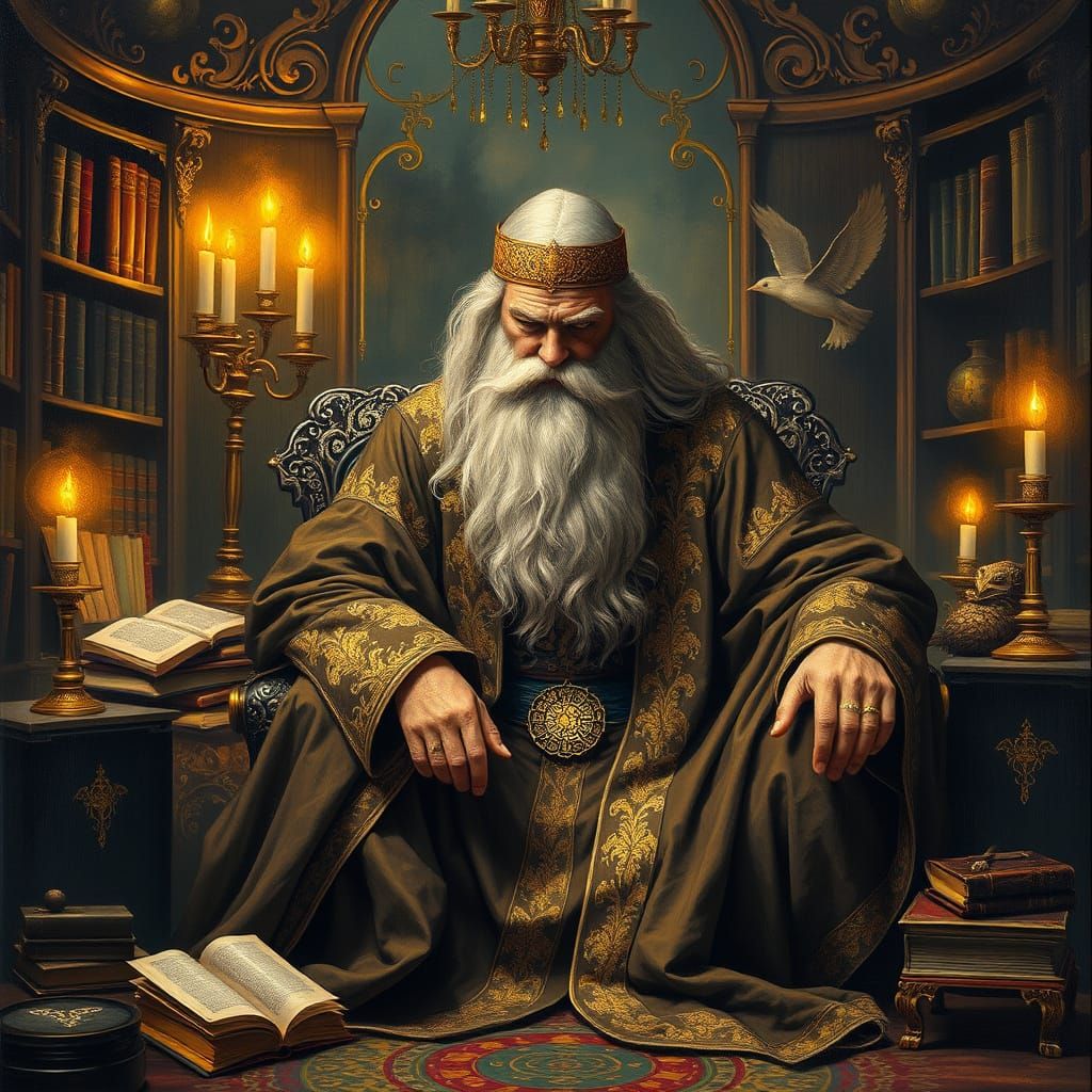 Old wizard in a study - Venerable Wizard in an Opulent Study
