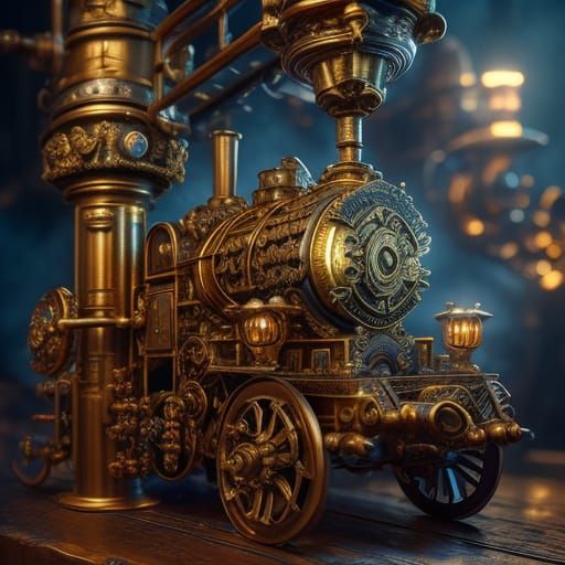 Golden Steam Engine in Steampunk Fantasy Art - AI Art