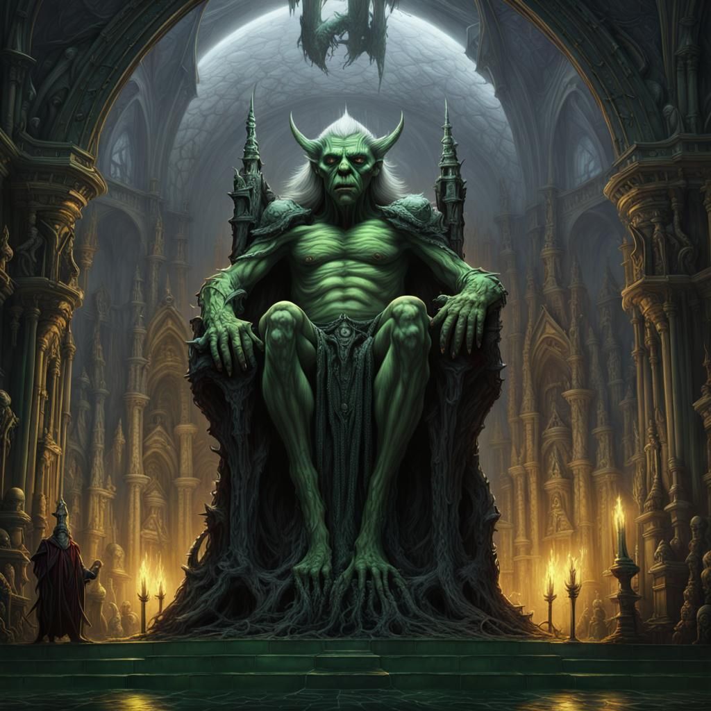 Goblin King, conceptart, epic, fantastical, dark green colors ...