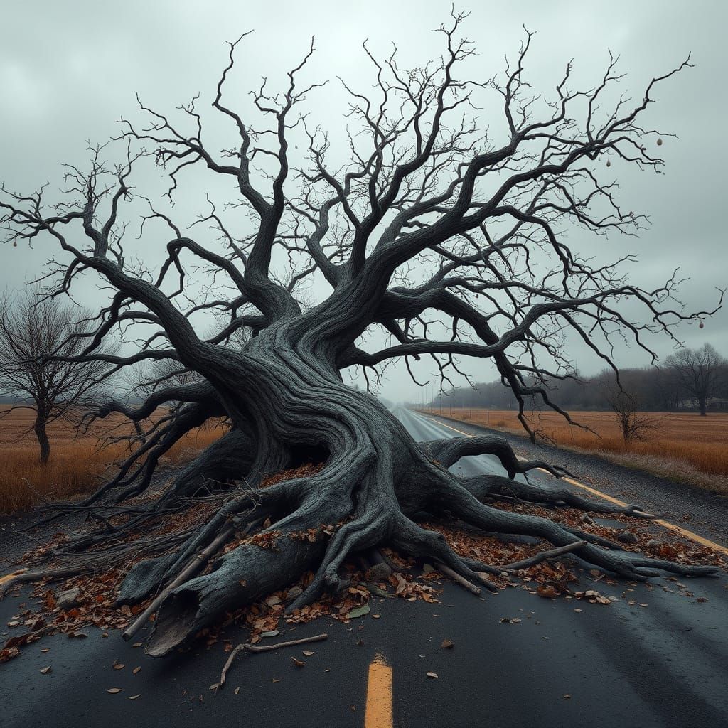 Tree fallen on the road because of high wind, leaves whimsical twirling ...