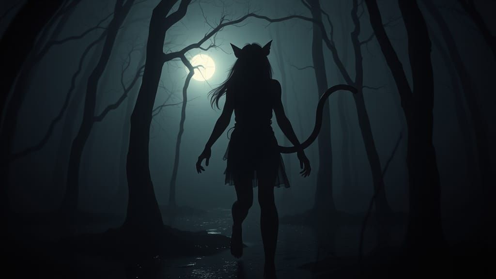 Werecat - Eerie Werecat Transformation in Dark Swamp