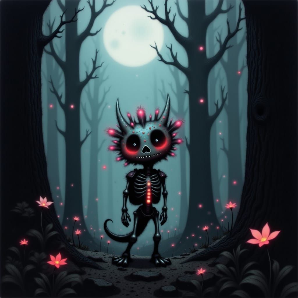 Dragon-Skeleton Lost in Eerie Woods, Whimsical Sty... - AI Art