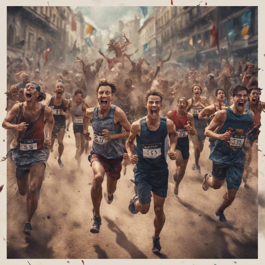 Portrait of a young man feeling excited and winning a running race ...