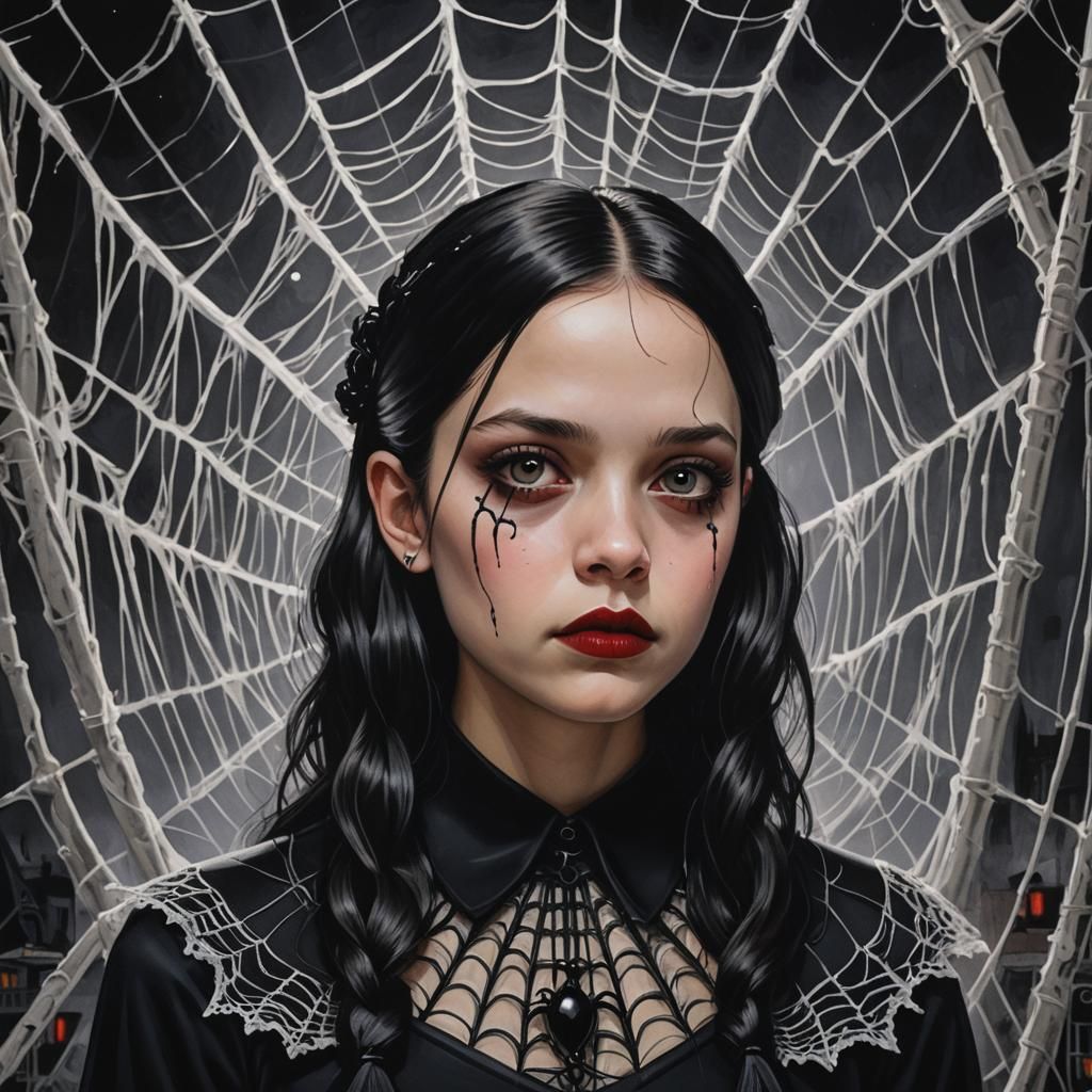 Close-up of goth surreal teenage Jenna Ortega dressed as Wednesday ...