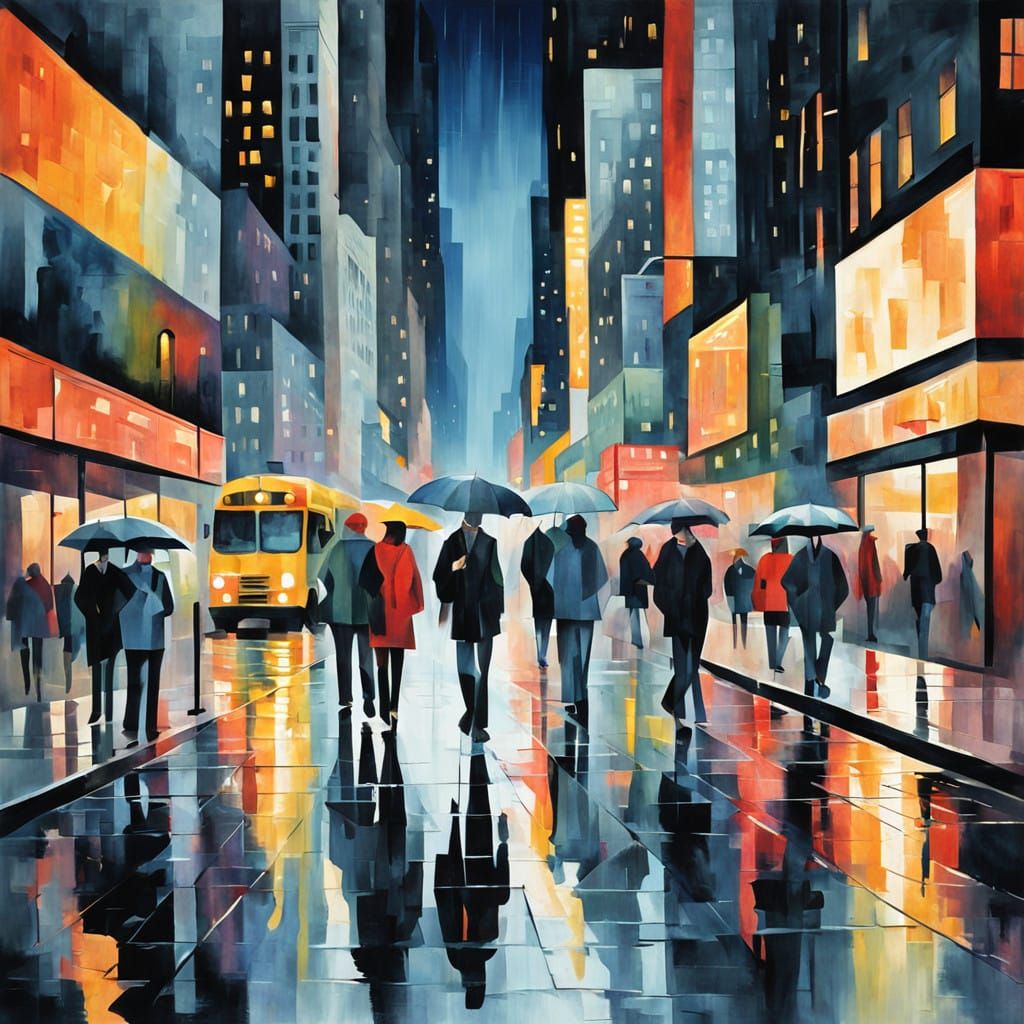 A New York City street scene of multiple people walking in the rain at ...